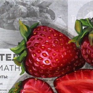 Strawberry Painting, Fruit Newspaper Art, Realistic Food Still Life on ...