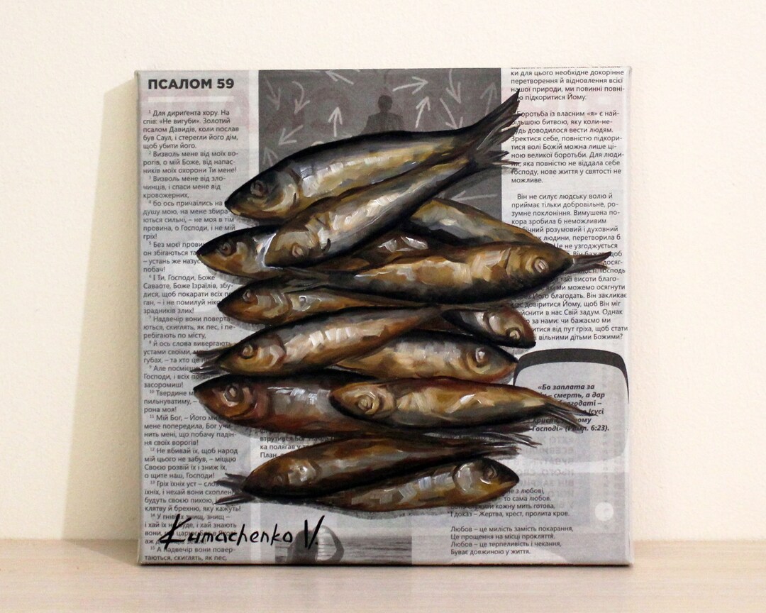 Capelin Fish Painting, Seafood Newspaper Art, Original Still Life Oil ...