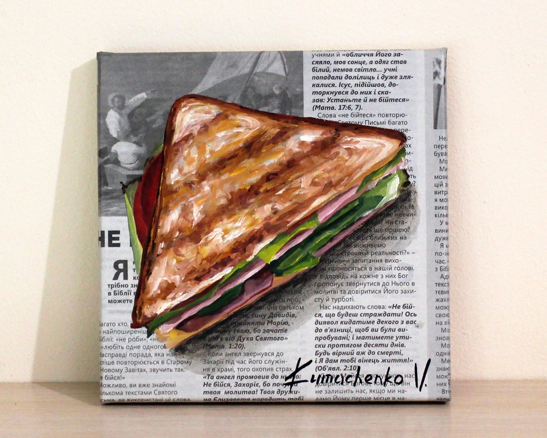 Sandwich Art, Kitchen Original Newspaper Art, Food Oil Painting on ...