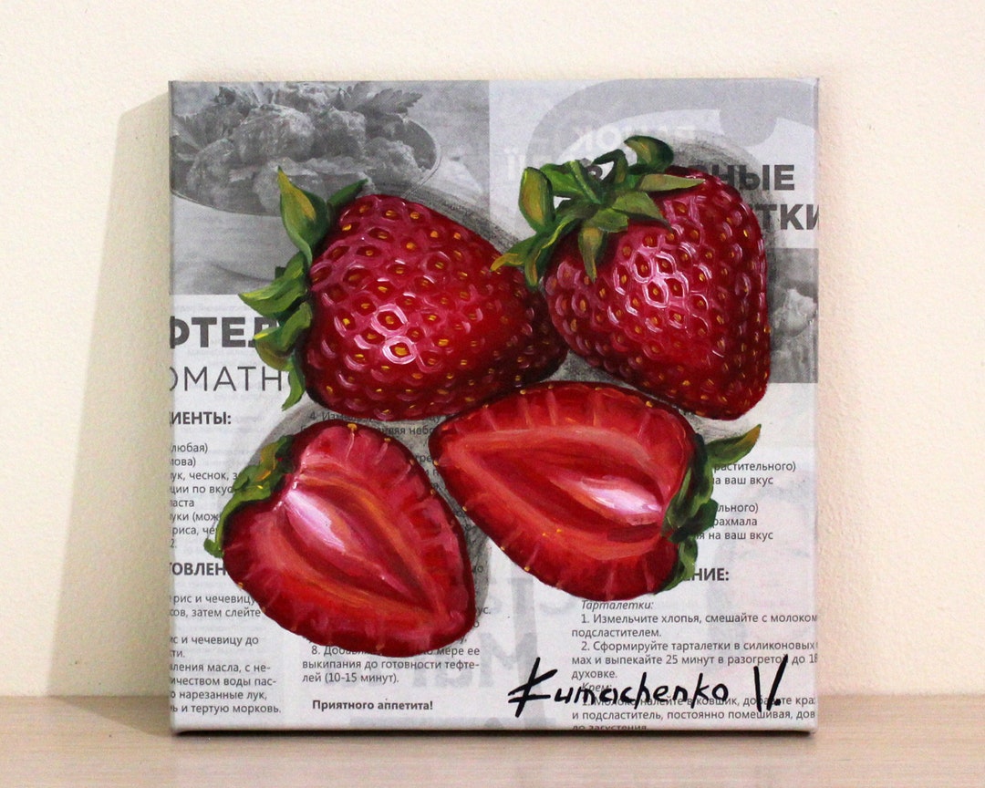 Strawberry Painting, Fruit Newspaper Art, Realistic Food Still Life on ...