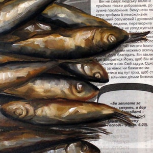 Capelin Fish Painting, Seafood Newspaper Art, Original Still Life Oil ...