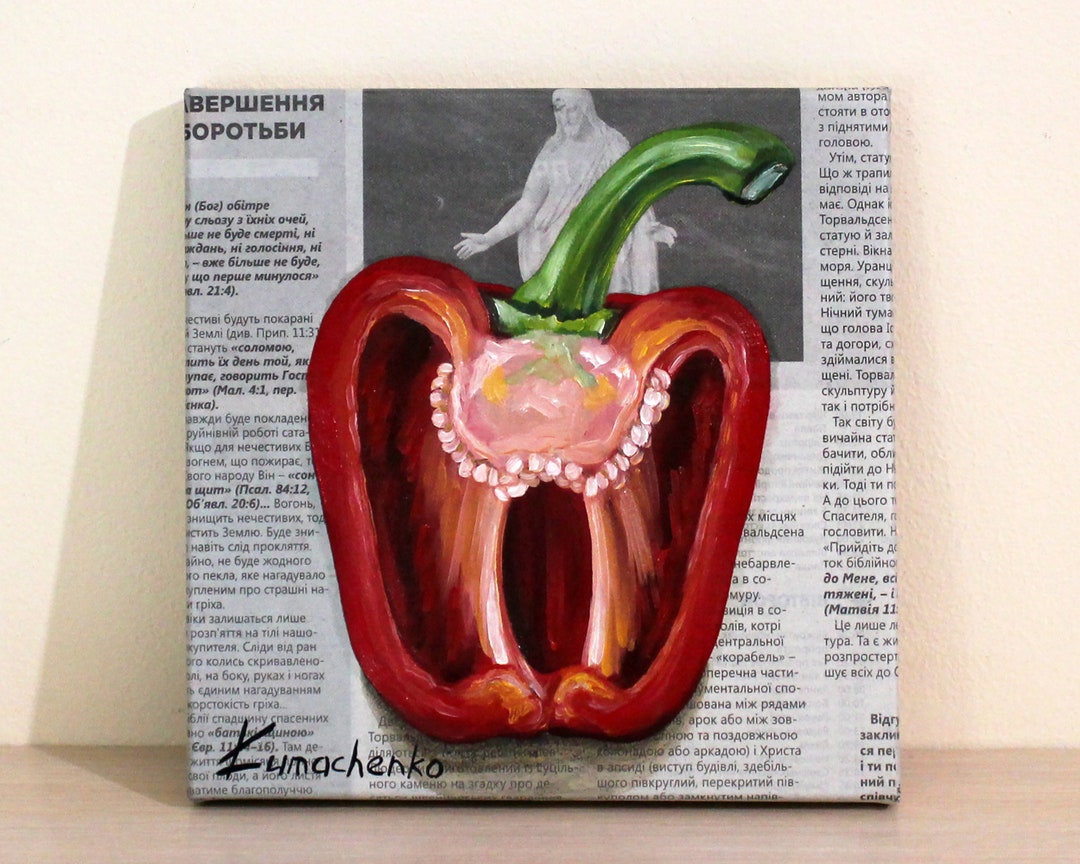 Bell Pepper Art, Newspaper-inspired Decor for the Kitchen, Oil Painting ...