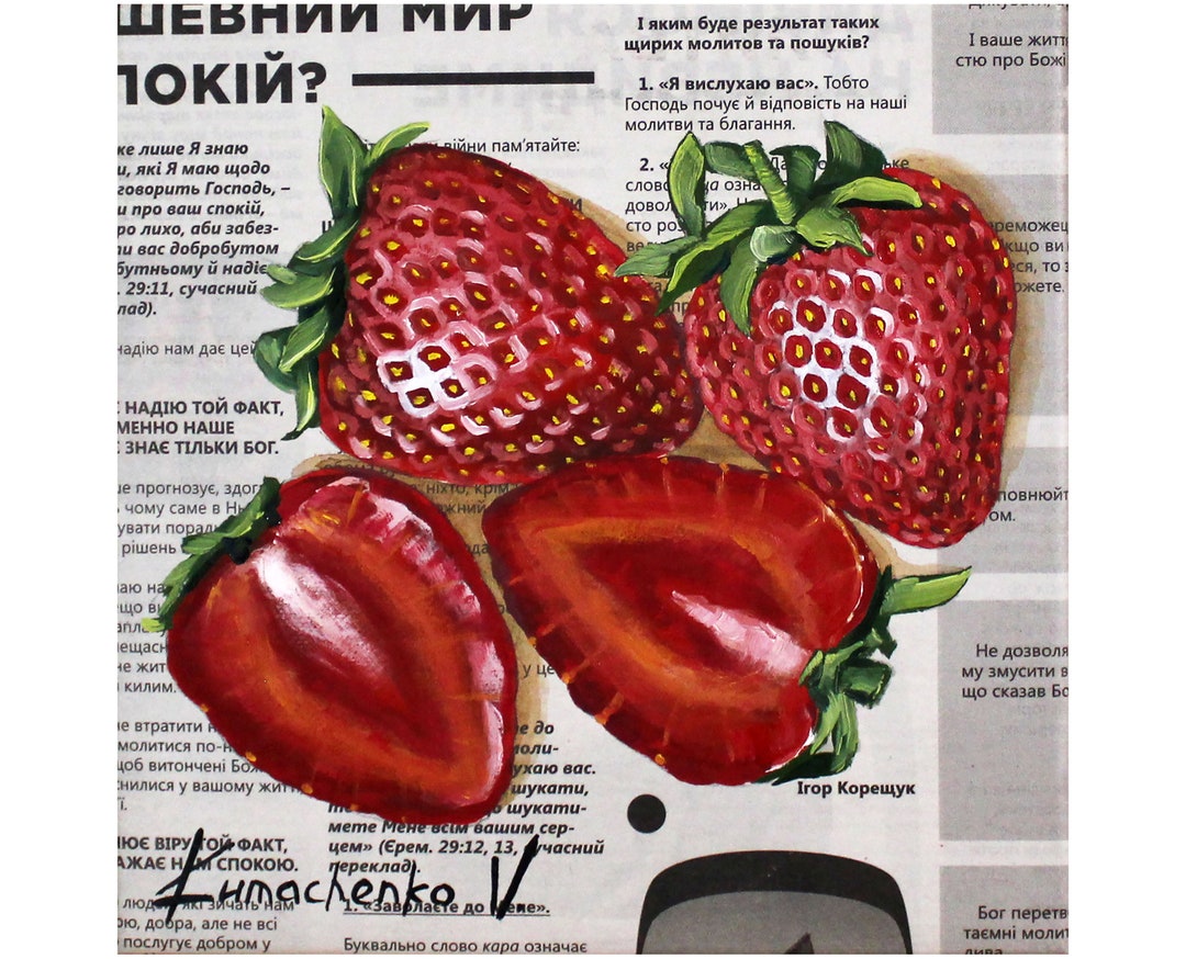 Strawberry Painting Fruit Newspaper Art Realistic Food Still - Etsy