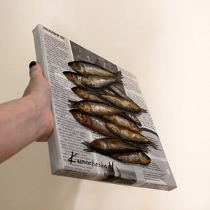 Capelin Fish Painting, Seafood Newspaper Art, Original Still Life Oil ...