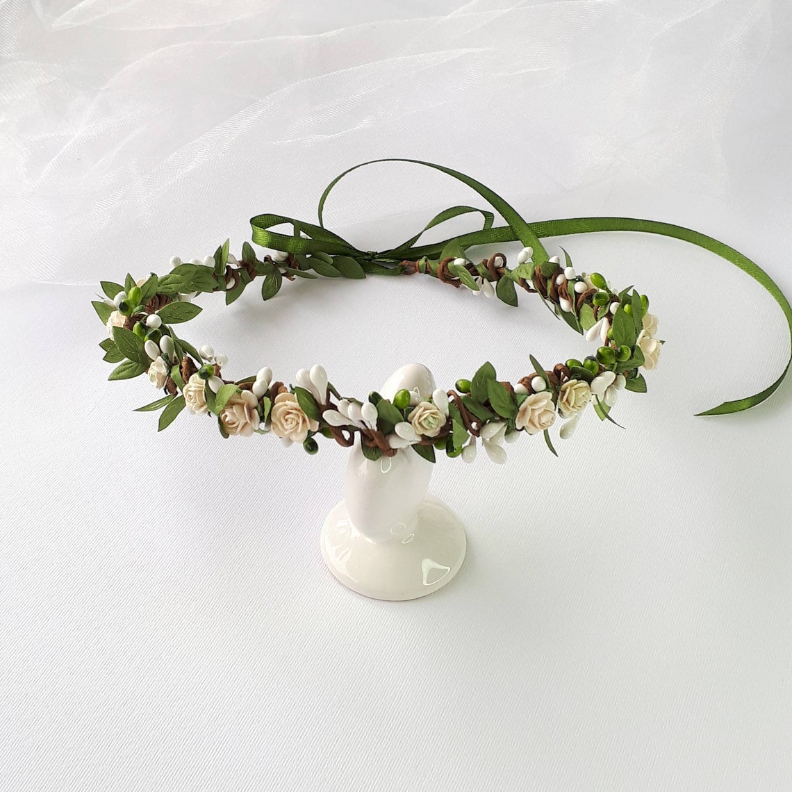 Forest Green Flower Crown Ivory Floral Headpiece - Etsy