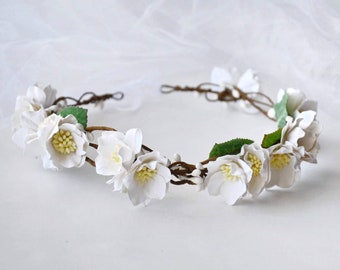 White Flower Cascade Crown, Floral Cascading Crown, Boho Wedding First ...
