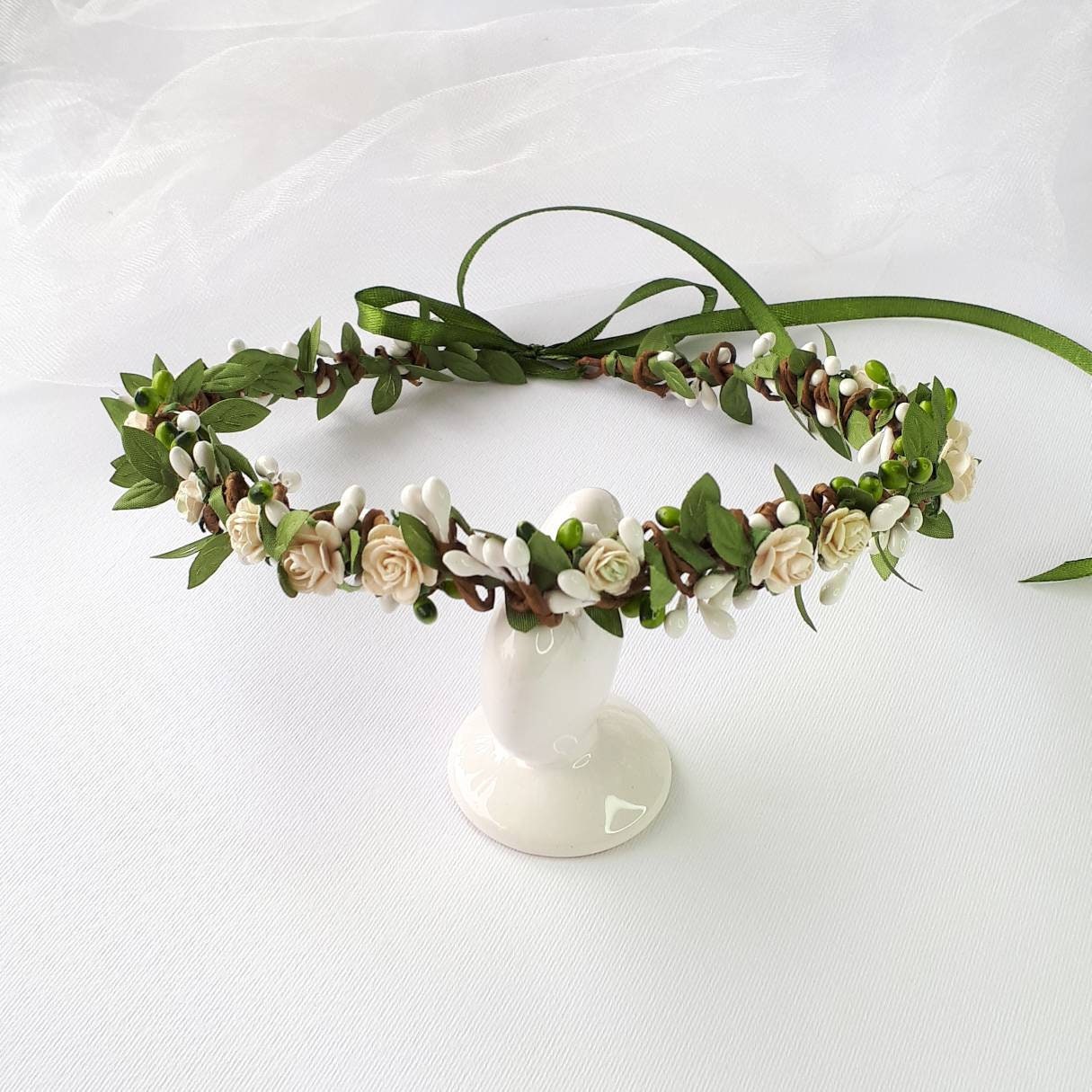 Forest Green Flower Crown Ivory Floral Headpiece - Etsy