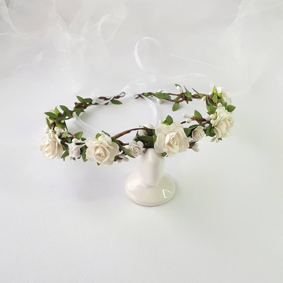 White and Green Flower Crown First Communion Headpiece - Etsy
