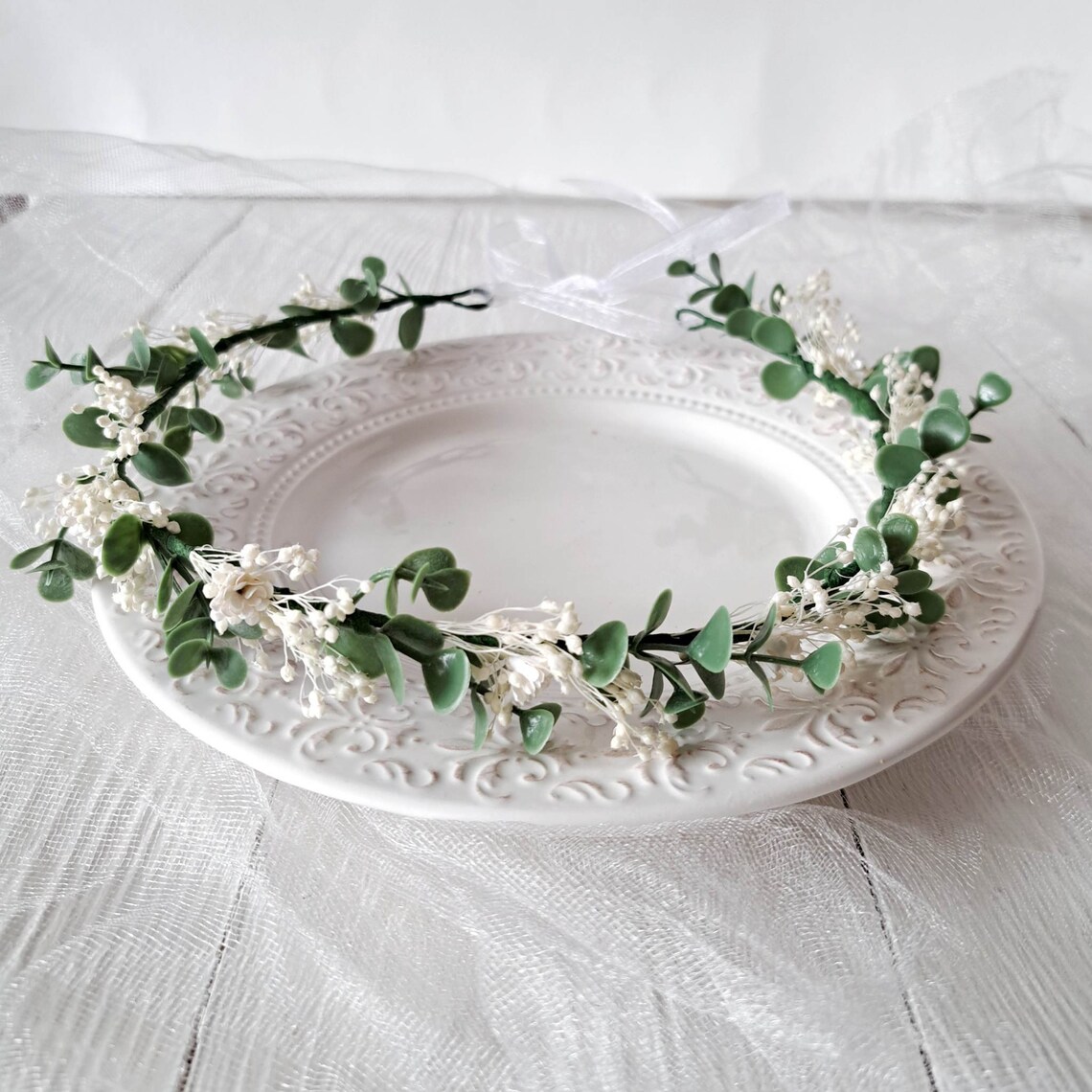 First Communion Headpiece White and Green Flower Crown Dried Flower ...