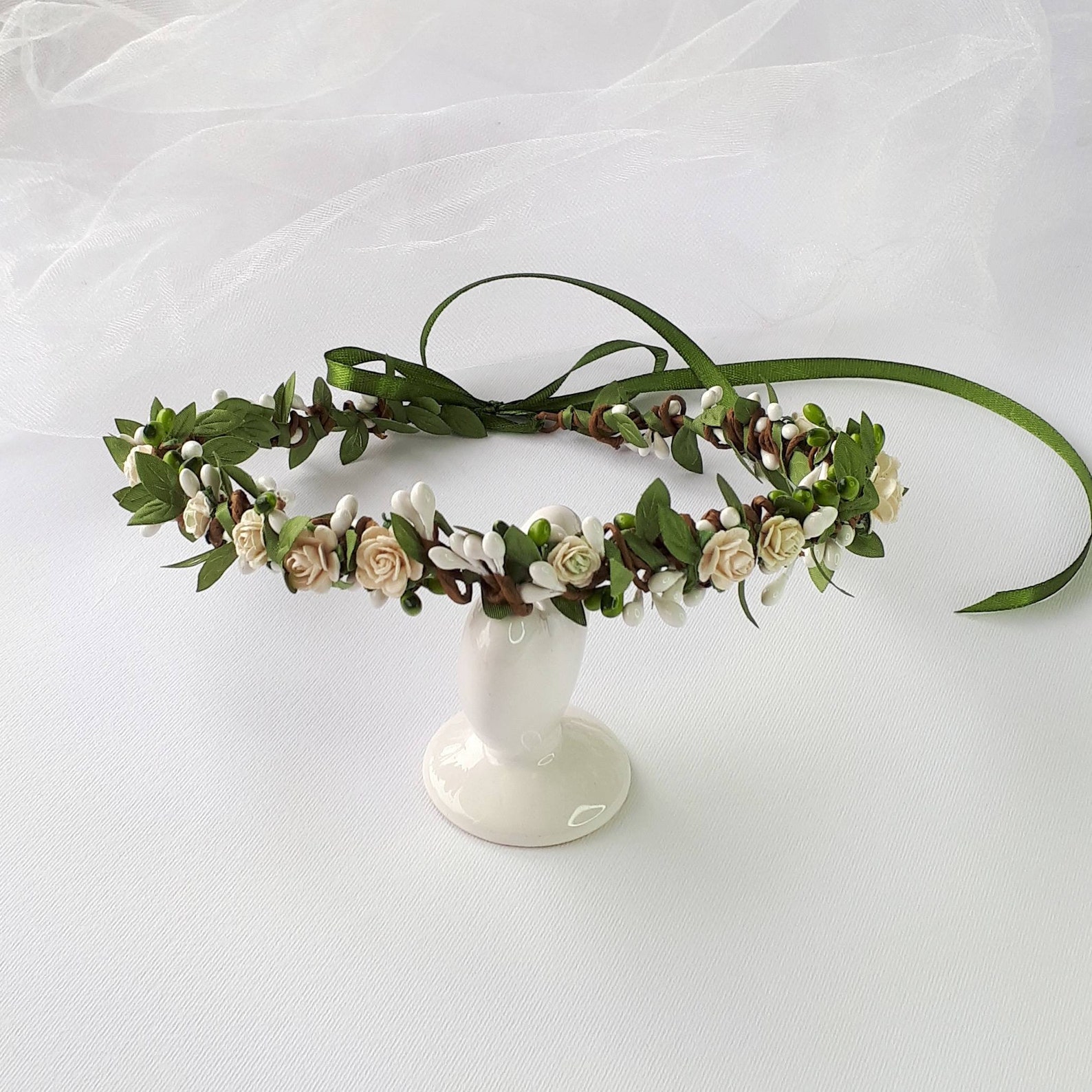 Forest Green Flower Crown Ivory Floral Headpiece - Etsy