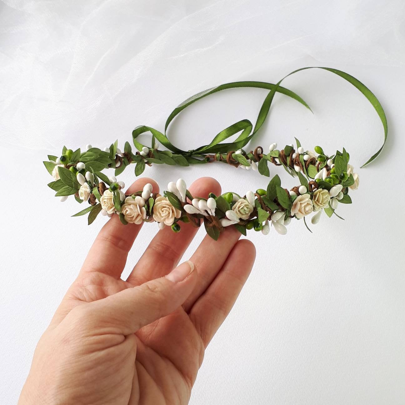 Forest Green Flower Crown Ivory Floral Headpiece - Etsy