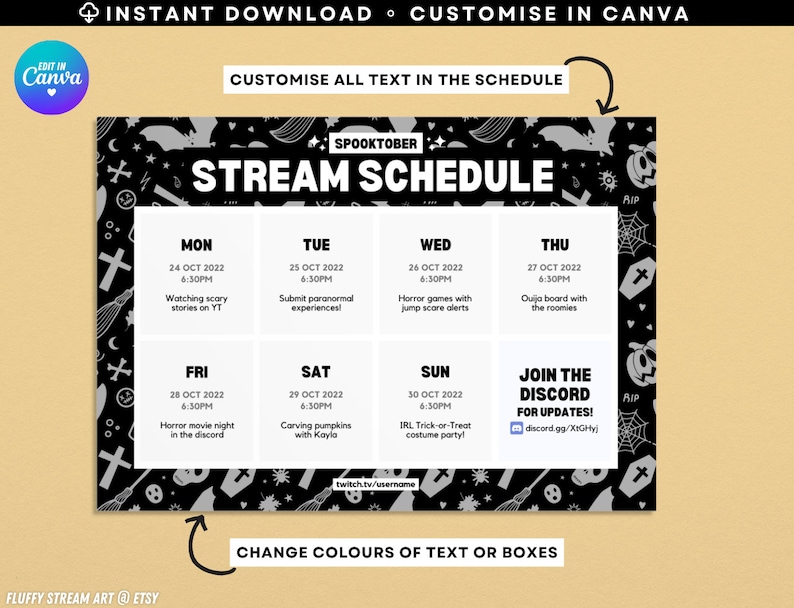 Spooky Stream Schedule Template: Black and White Halloween Canva ...