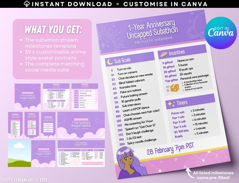Twitch Youtube Stream Subathon Schedule / Event Promo / Editable Canva ...