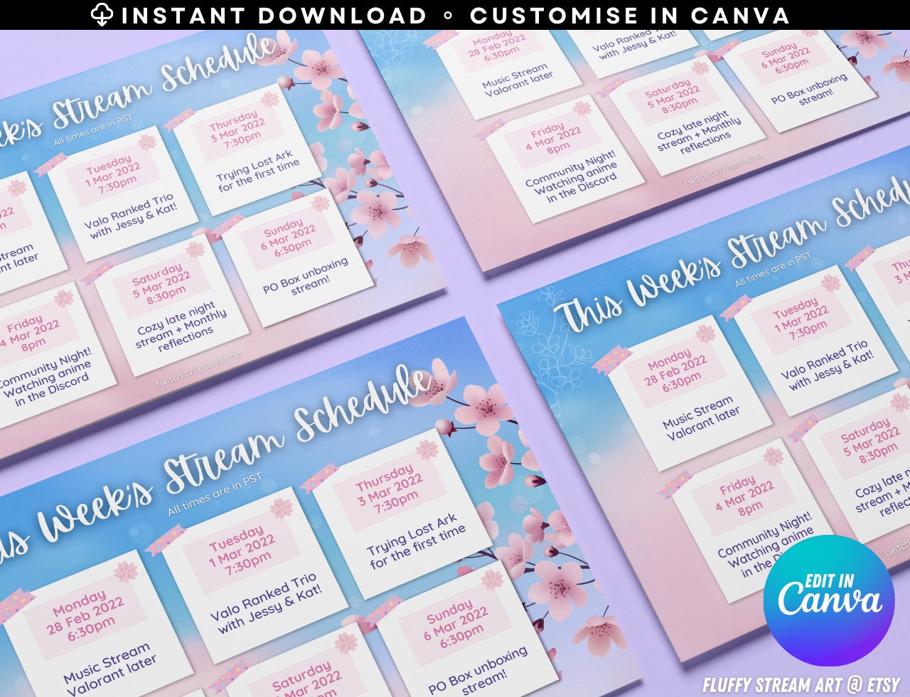 Cherry Blossom Twitch Youtube Weekly Stream Schedule / Promo / Editable ...