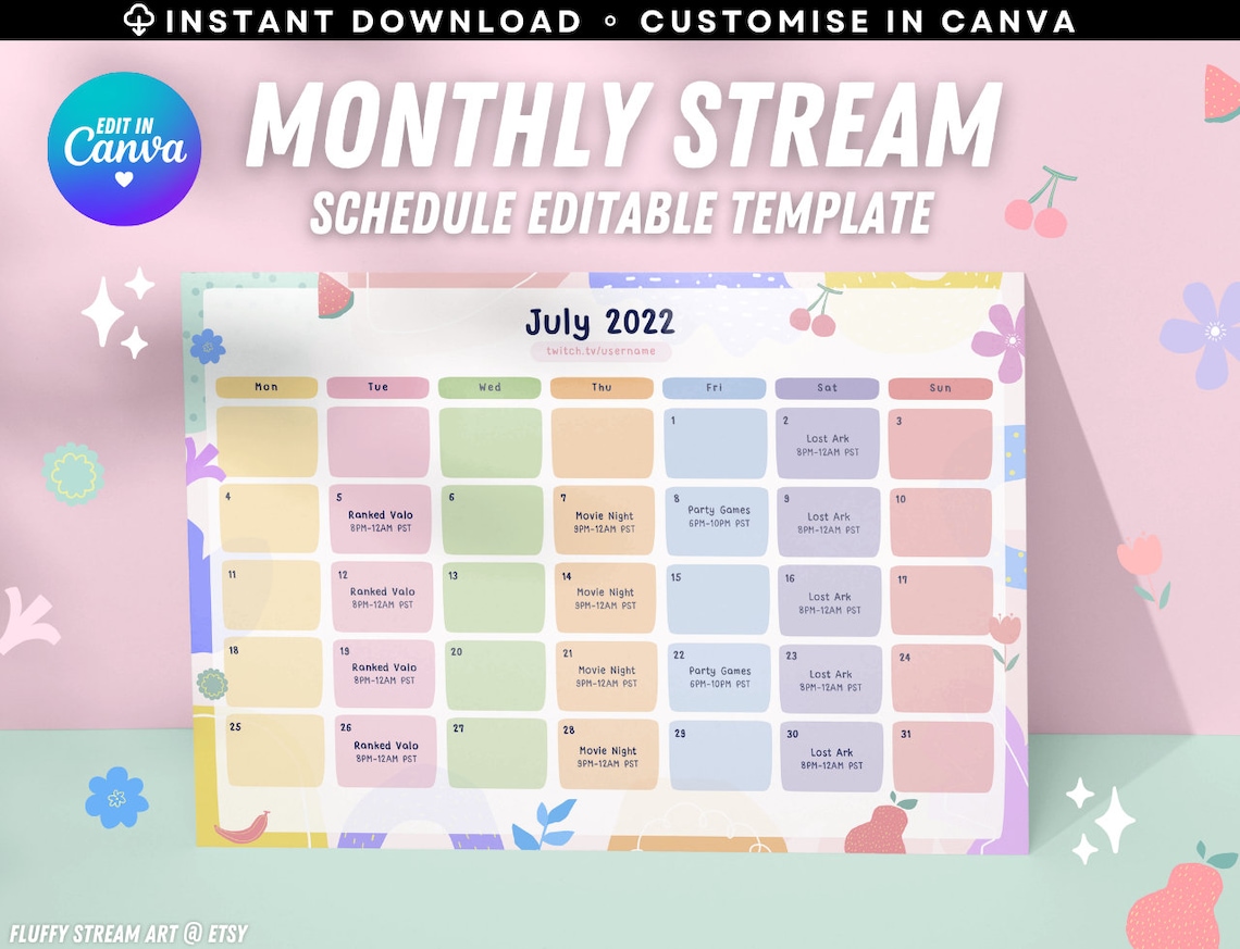 Editable Monthly Stream Schedule / Twitch Youtube / Cute Fruits / Canva ...