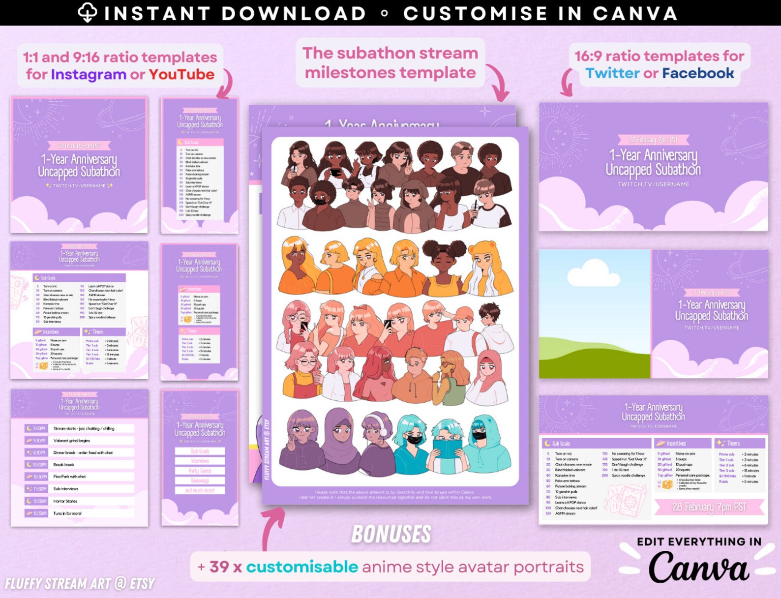Twitch Youtube Stream Subathon Schedule / Event Promo / Editable Canva ...