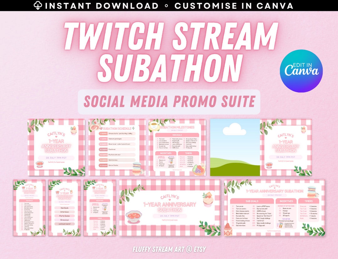Twitch Stream Subathon Promo Suite: Pink Gingham Canva Template ...
