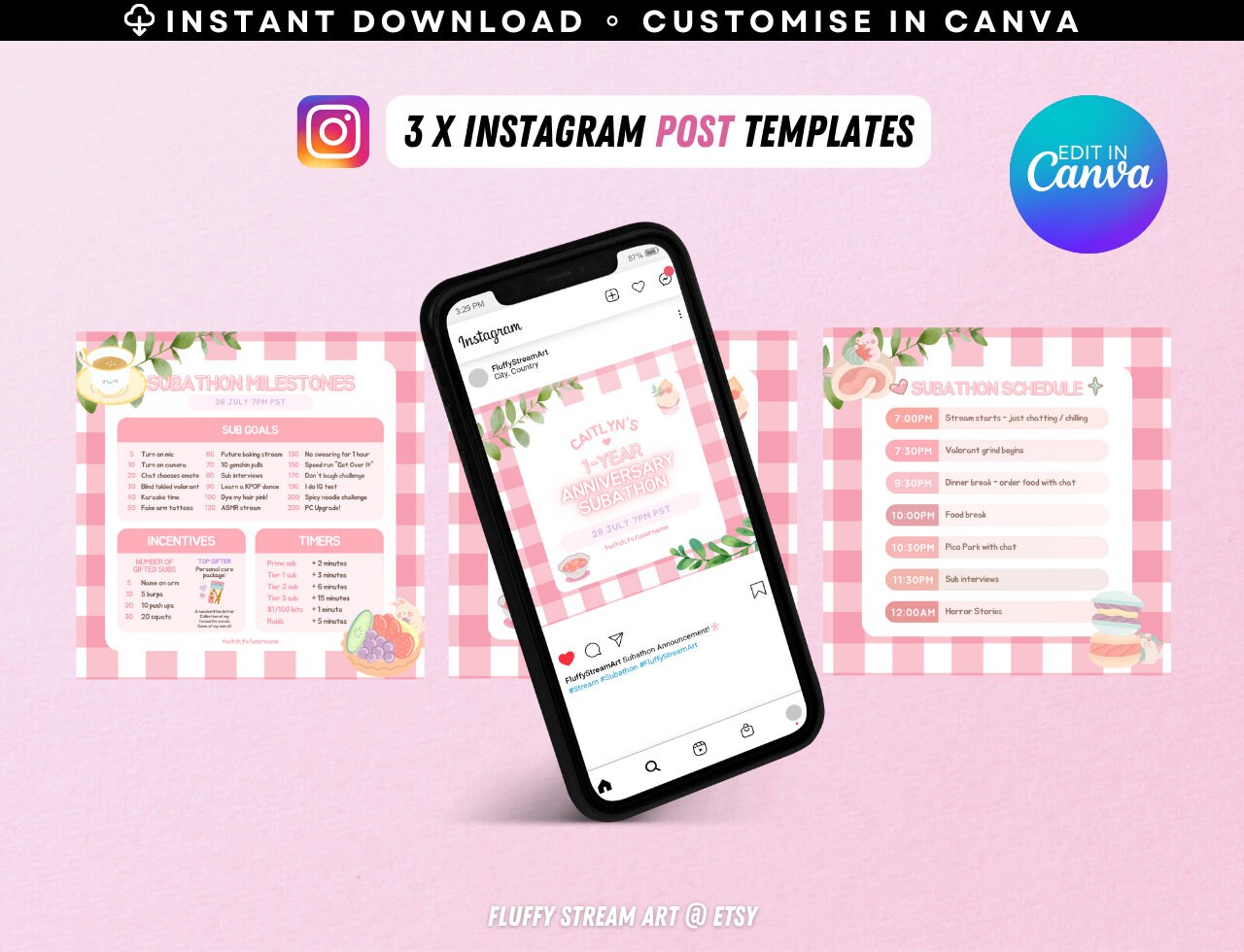 Twitch Stream Subathon Promo Suite: Pink Gingham Canva Template ...