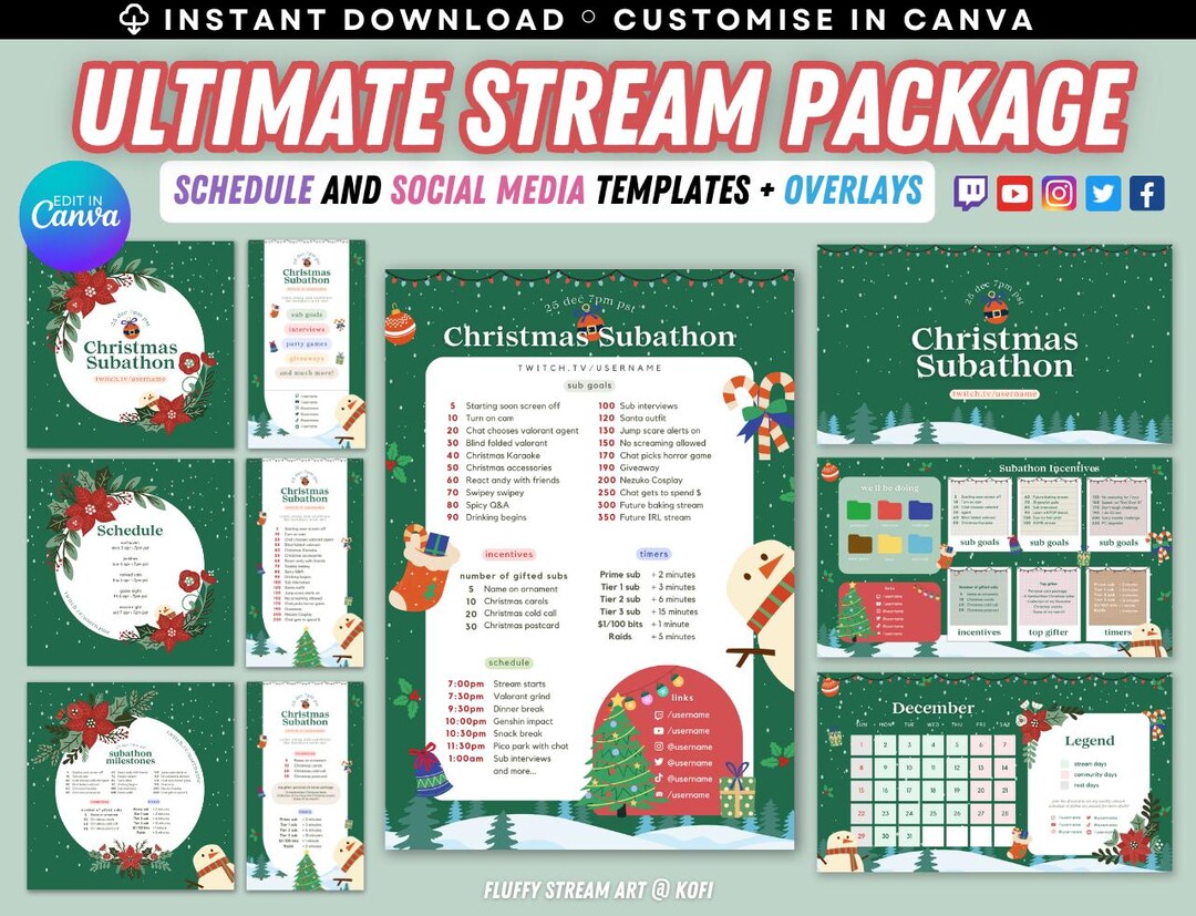Cute Christmas Twitch Youtube Stream Subathon Schedule / Social Media ...