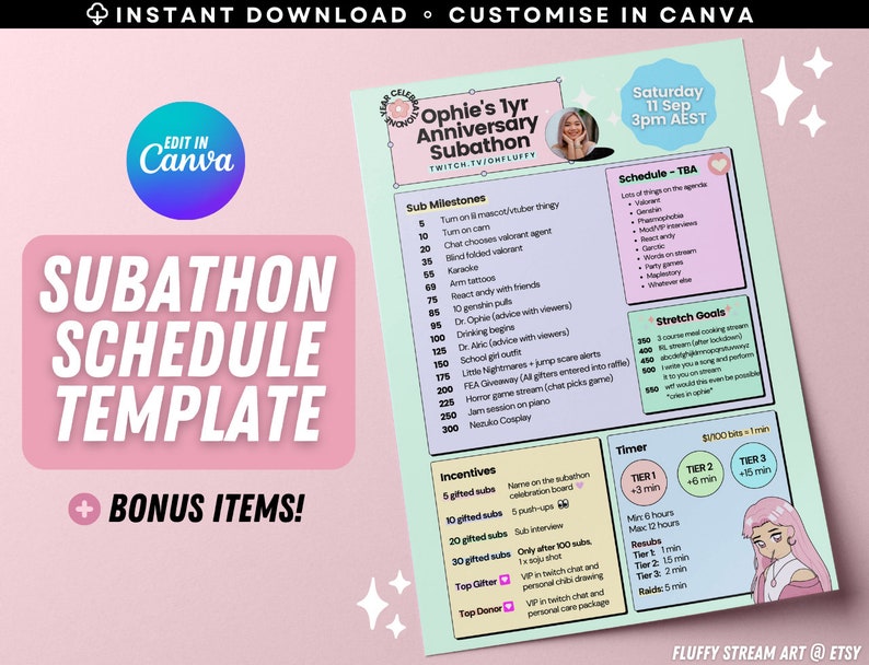Pastel Subathon Schedule Template: Twitch Stream Event Promo (editable ...