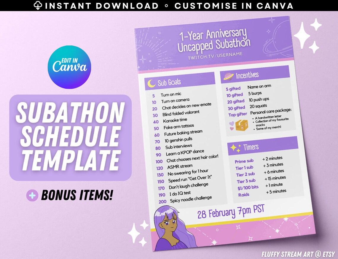 Twitch Youtube Stream Subathon Schedule / Event Promo / Editable Canva ...