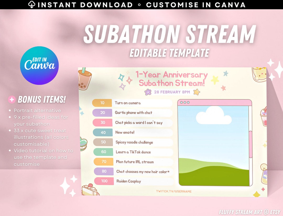 Twitch Stream Subathon Schedule / Event Promo / Editable Canva Template ...