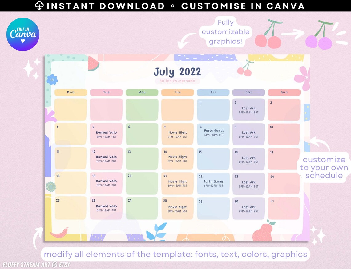 Editable Monthly Stream Schedule / Twitch Youtube / Cute Fruits / Canva ...