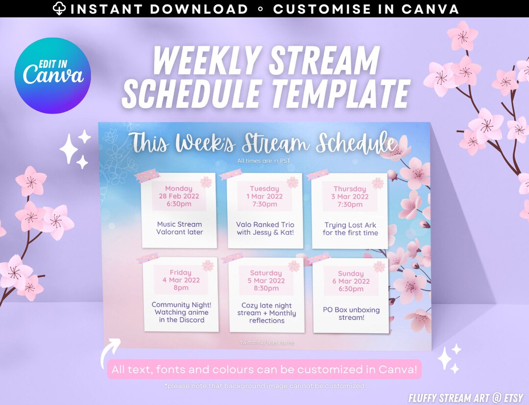Cherry Blossom Twitch Youtube Weekly Stream Schedule / Promo / Editable ...