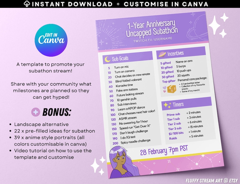 Twitch Youtube Stream Subathon Schedule / Event Promo / Editable Canva ...