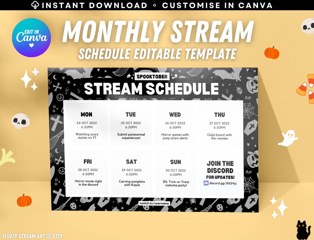 Spooky Stream Schedule Template: Black and White Halloween Canva ...
