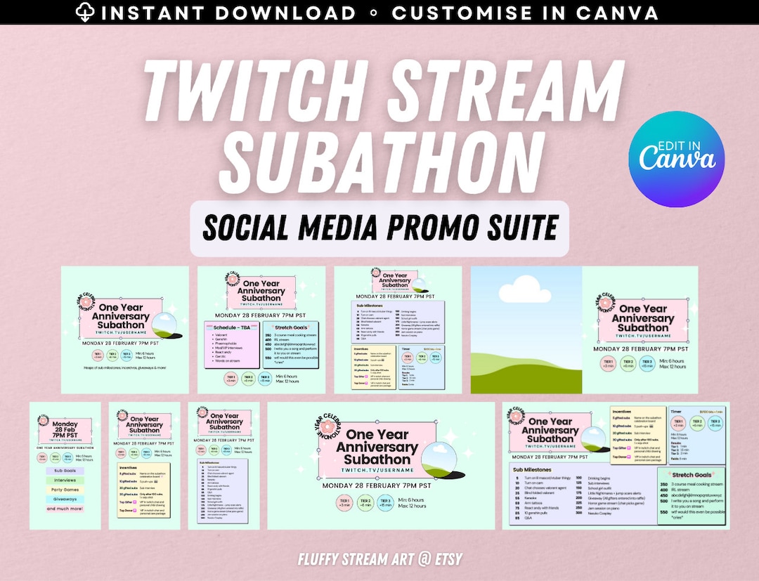 Twitch Stream Subathon Social Media Promo Suite: Editable Canva ...