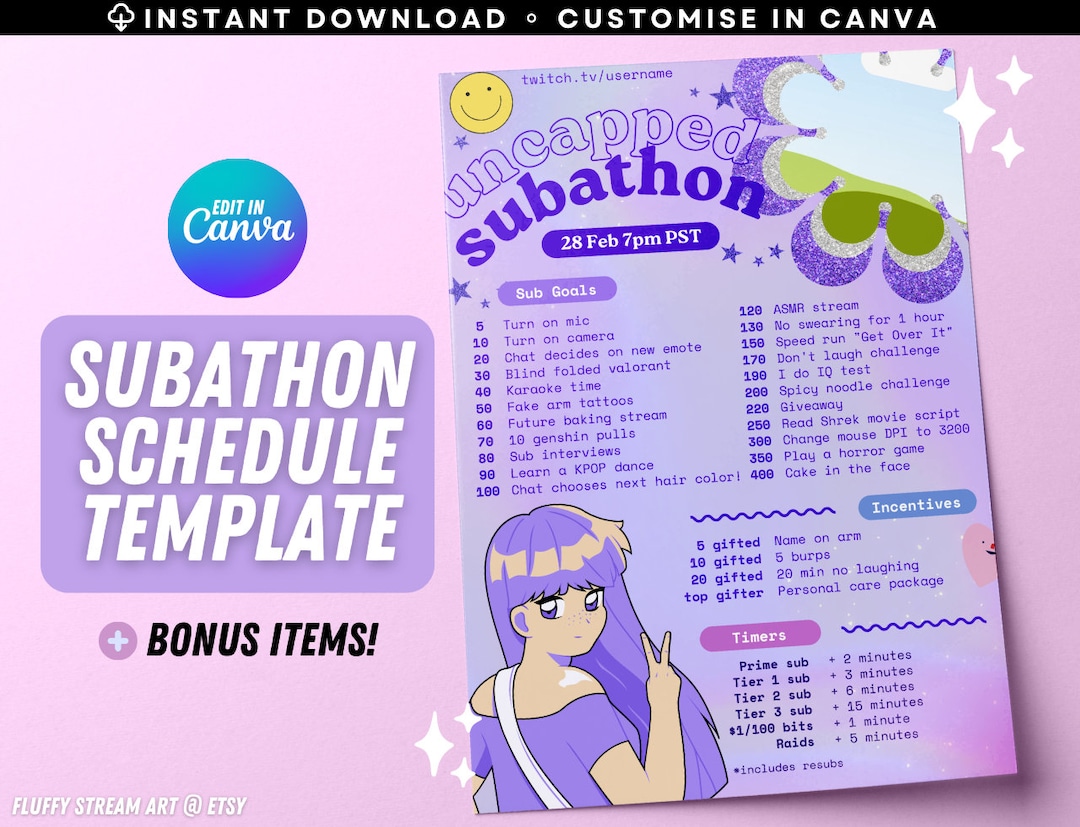 Glitter Purple Twitch Stream Subathon Schedule / Event Promo / Editable ...