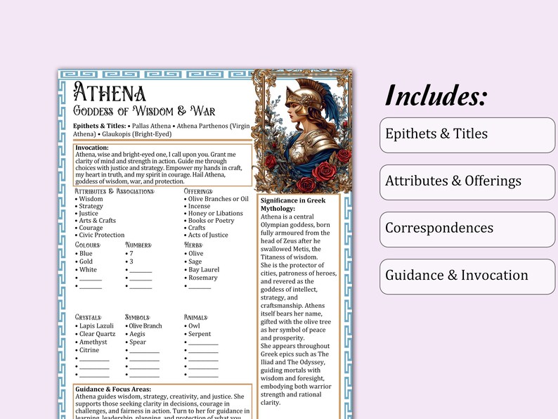 Athena Cheat Sheet | Greek Goddess of Wisdom & War | Correspondences ...