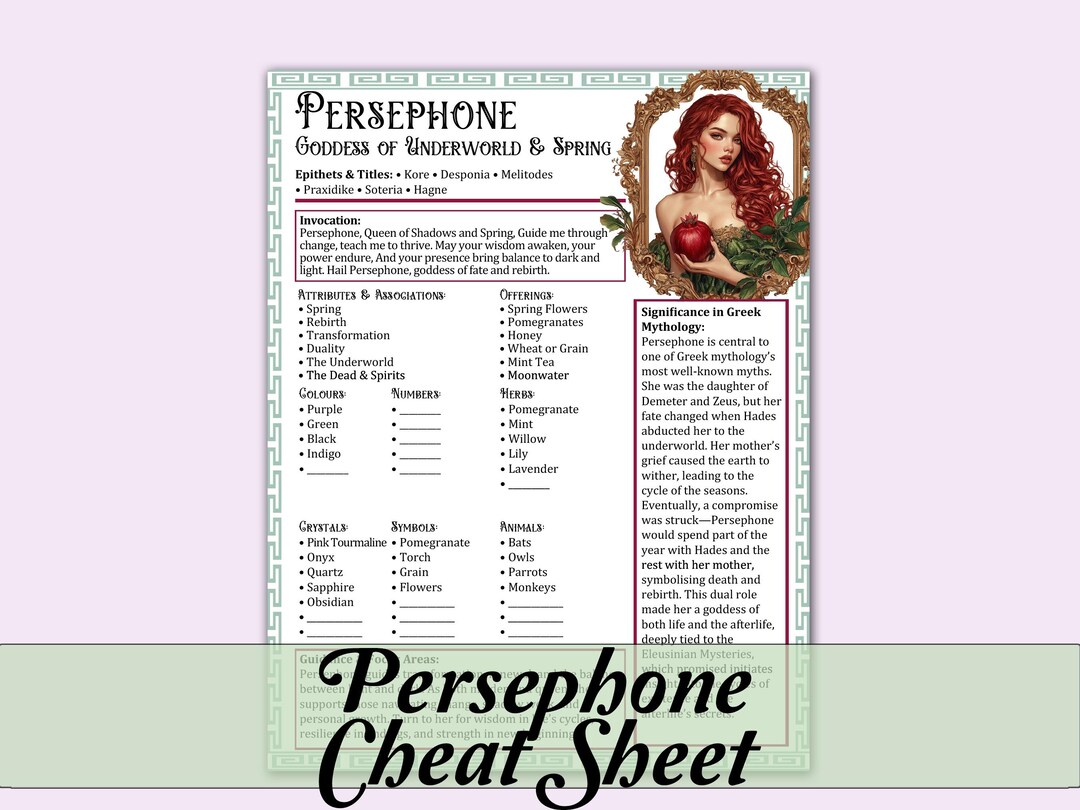 Persephone Cheat Sheet | Greek Goddess of Spring & the Underworld ...
