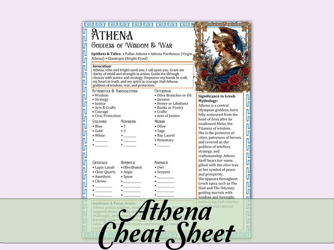 Athena Cheat Sheet | Greek Goddess of Wisdom & War | Correspondences ...