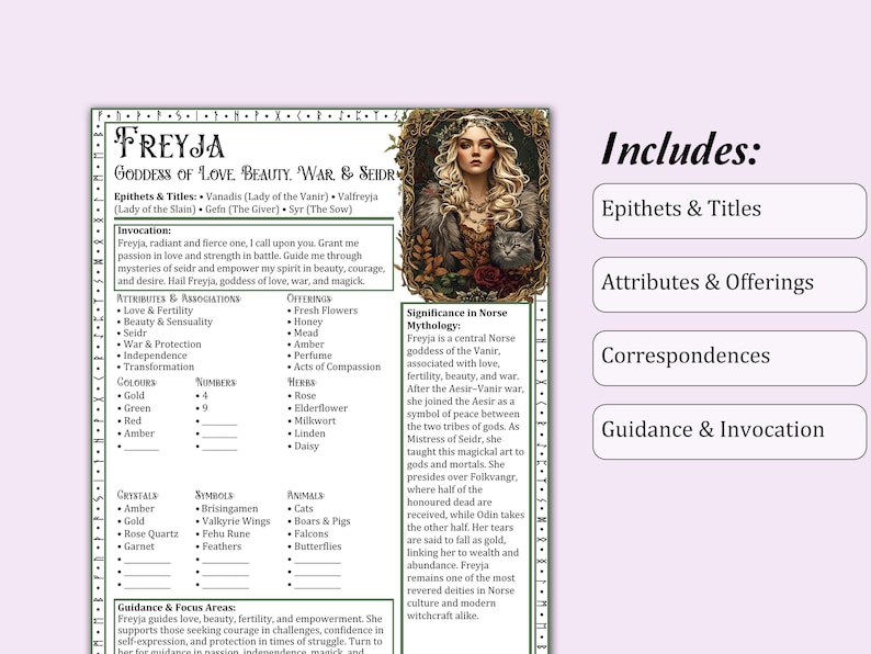 Freyja Cheat Sheet | Norse Goddess of Love, Beauty, and War | Correspondences, Invocation ...