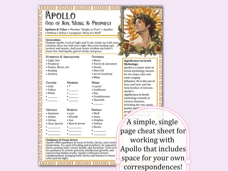 Apollo Cheat Sheet | Greek God of the Sun, Music, and Prophecy ...