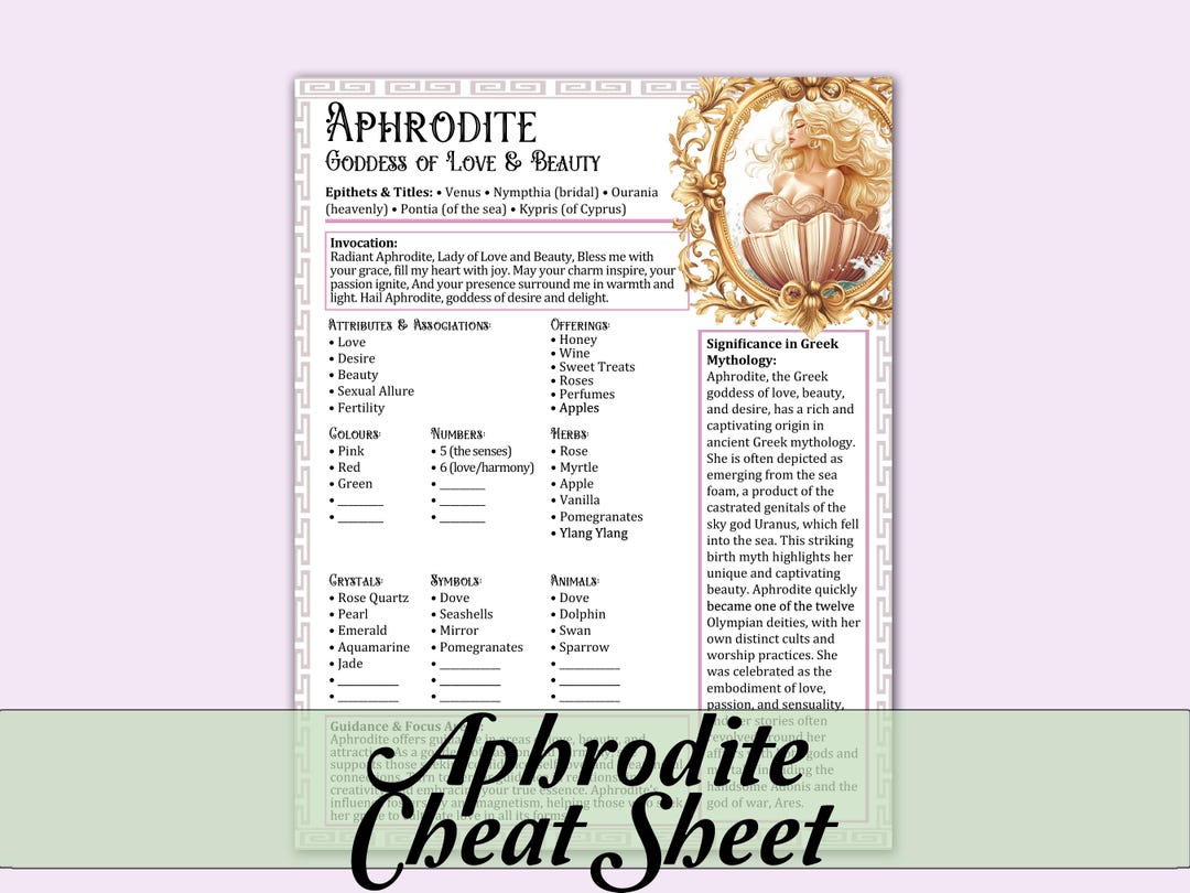 Aphrodite Cheat Sheet | Greek Goddess of the Love and Beauty ...