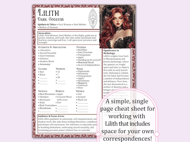 Lilith Cheat Sheet | the First Woman, Dark Goddess - Printable Pages - Etsy