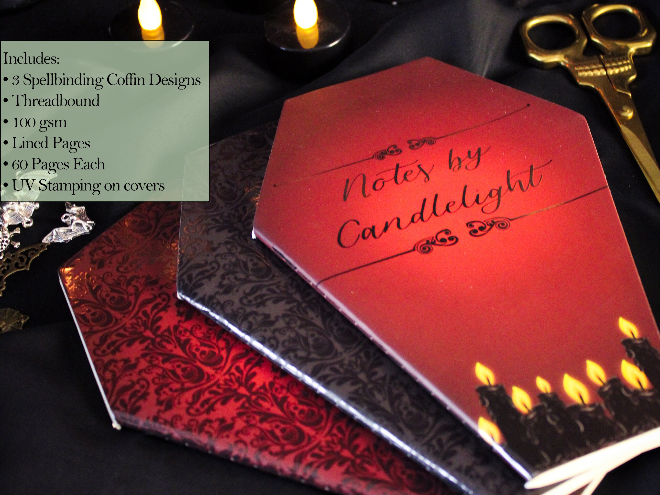 Notes by Candlelight 3 Pack Thread Bound Coffin Shaped Notebooks Lined ...