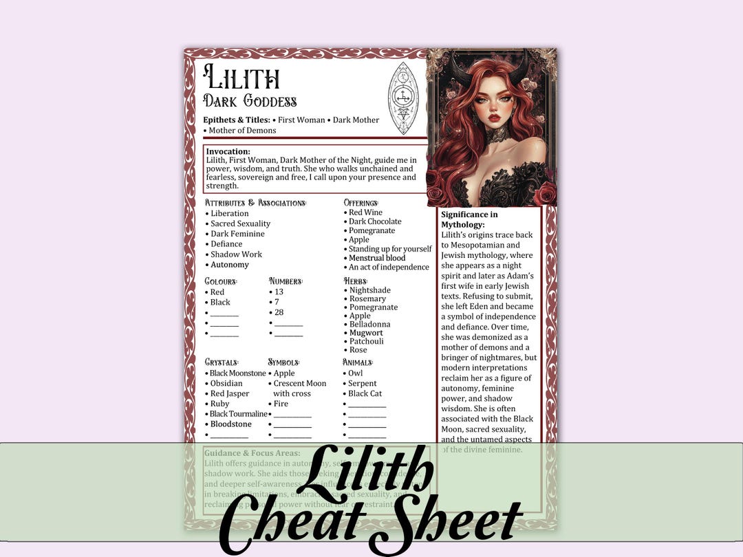 Lilith Cheat Sheet | the First Woman, Dark Goddess - Printable Pages - Etsy