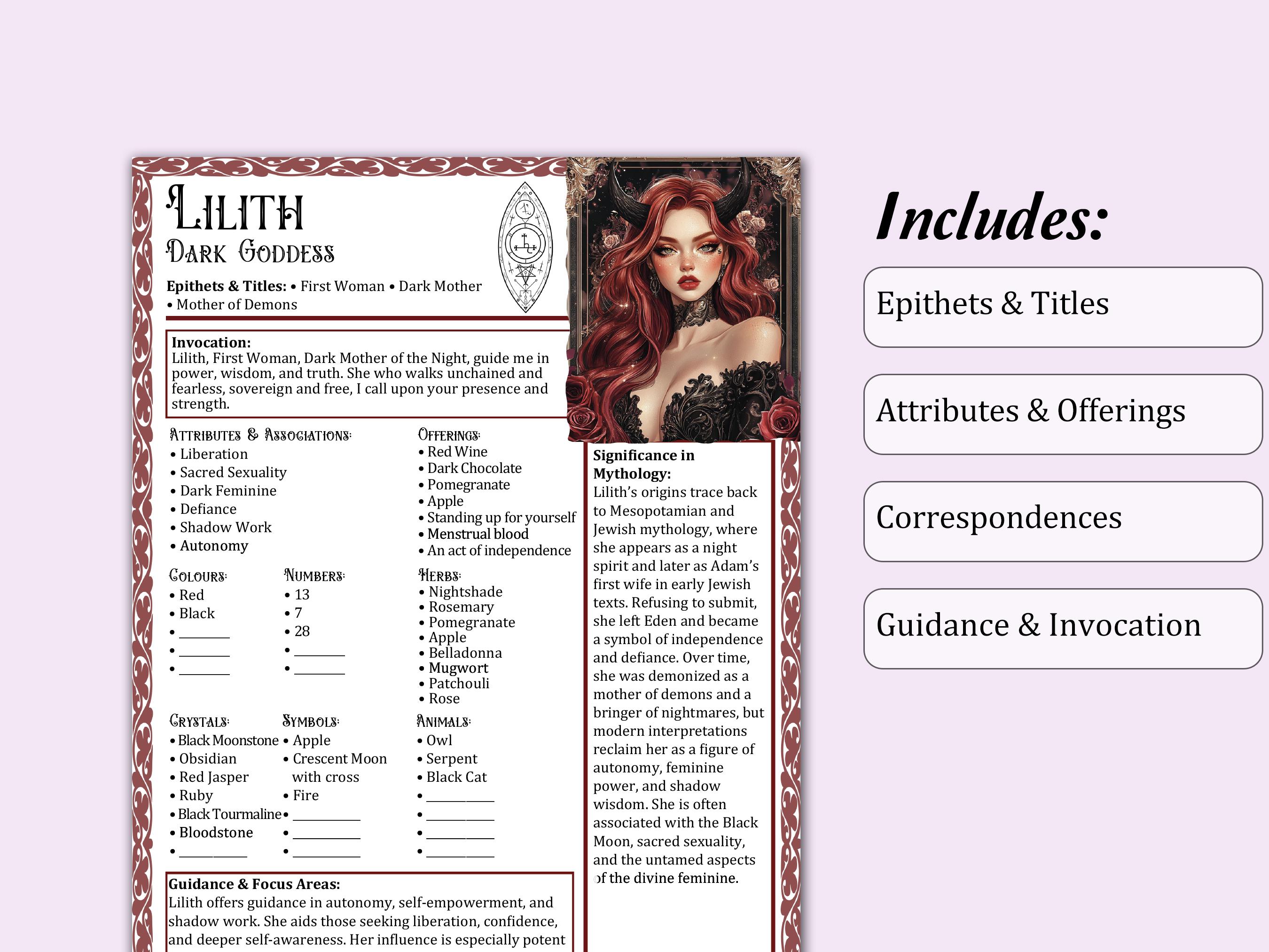 Lilith Cheat Sheet | the First Woman, Dark Goddess - Printable Pages - Etsy