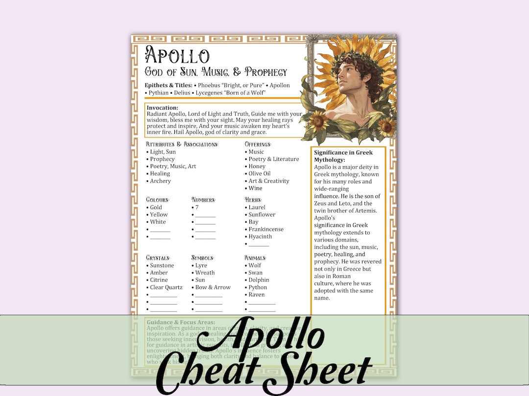 Apollo Cheat Sheet | Greek God of the Sun, Music, and Prophecy ...