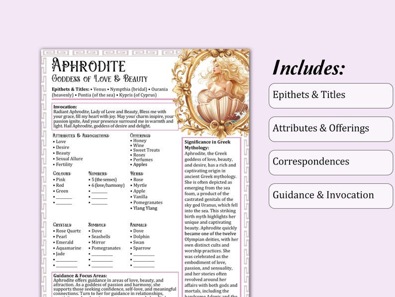 Aphrodite Cheat Sheet | Greek Goddess of the Love and Beauty ...