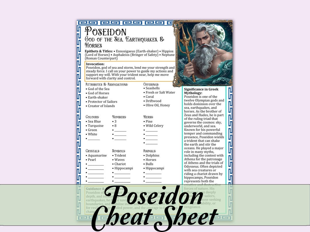 Poseidon Cheat Sheet | Greek God of the Sea, Earthquakes, and Horses ...