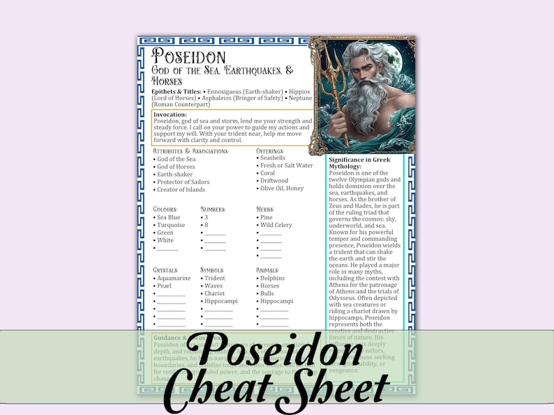 Poseidon Cheat Sheet | Greek God of the Sea, Earthquakes, and Horses ...