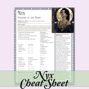 Nyx Cheat Sheet | Greek Goddess of the Night, Correspondences ...