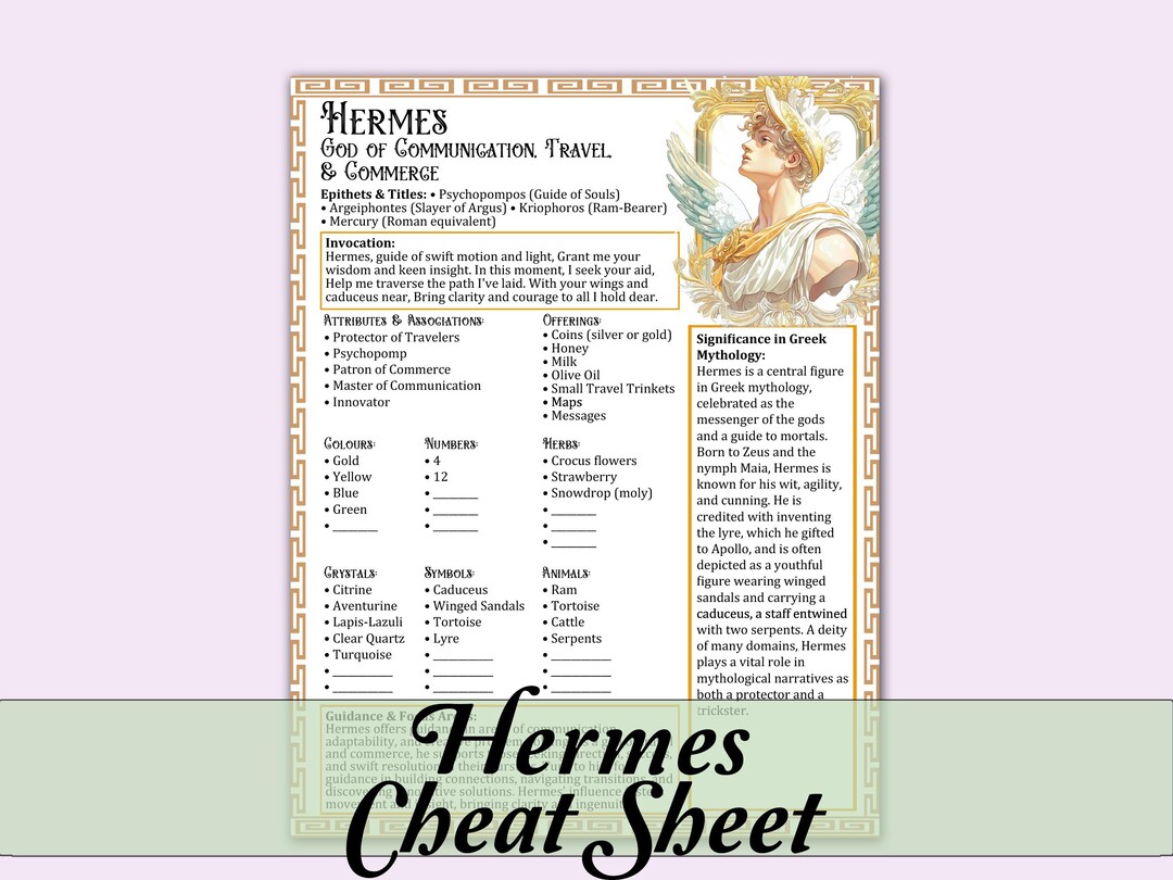Hermes Cheat Sheet | Greek God of Travel, Communication, and Prosperity ...