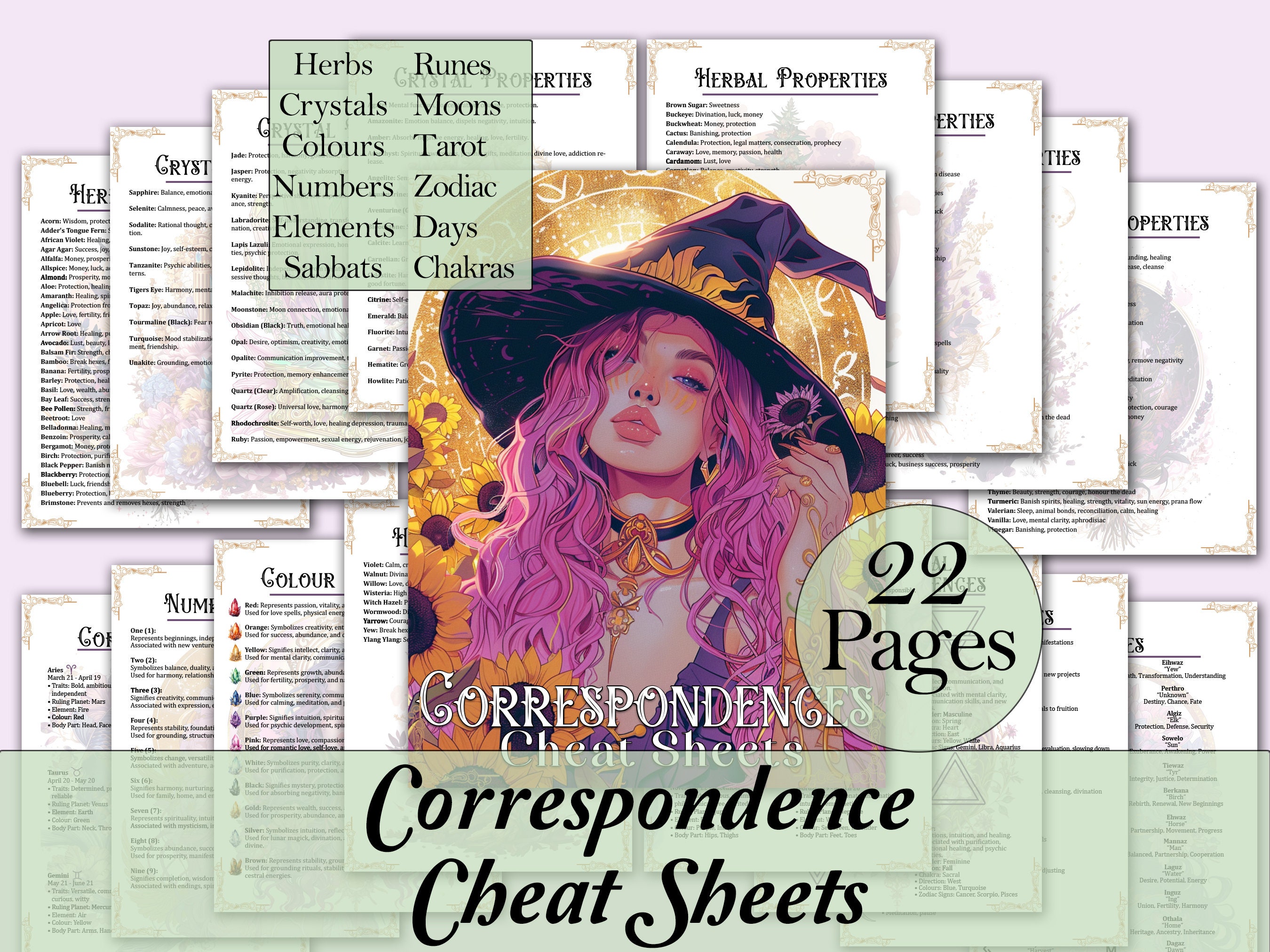 Witchcraft Correspondence Cheat Sheets Reference Pages for Herbs, Crystals, Colours, Tarot ...