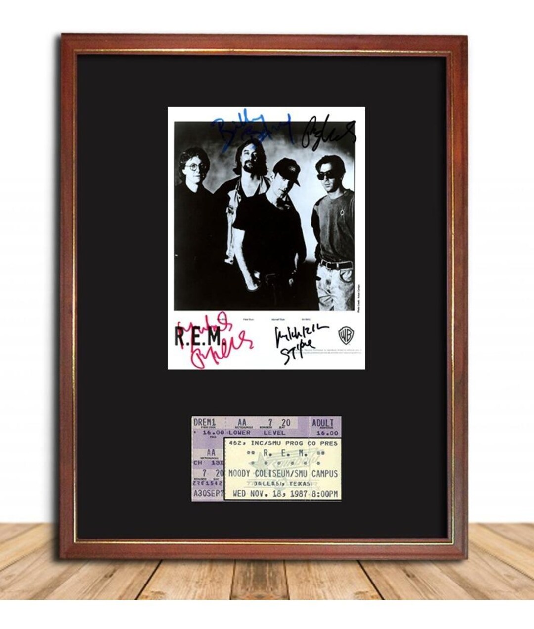R.E.M. Dallas 1987 FRAMED 17"x13" Signed Photo & Concert Ticket DISPLAY ...